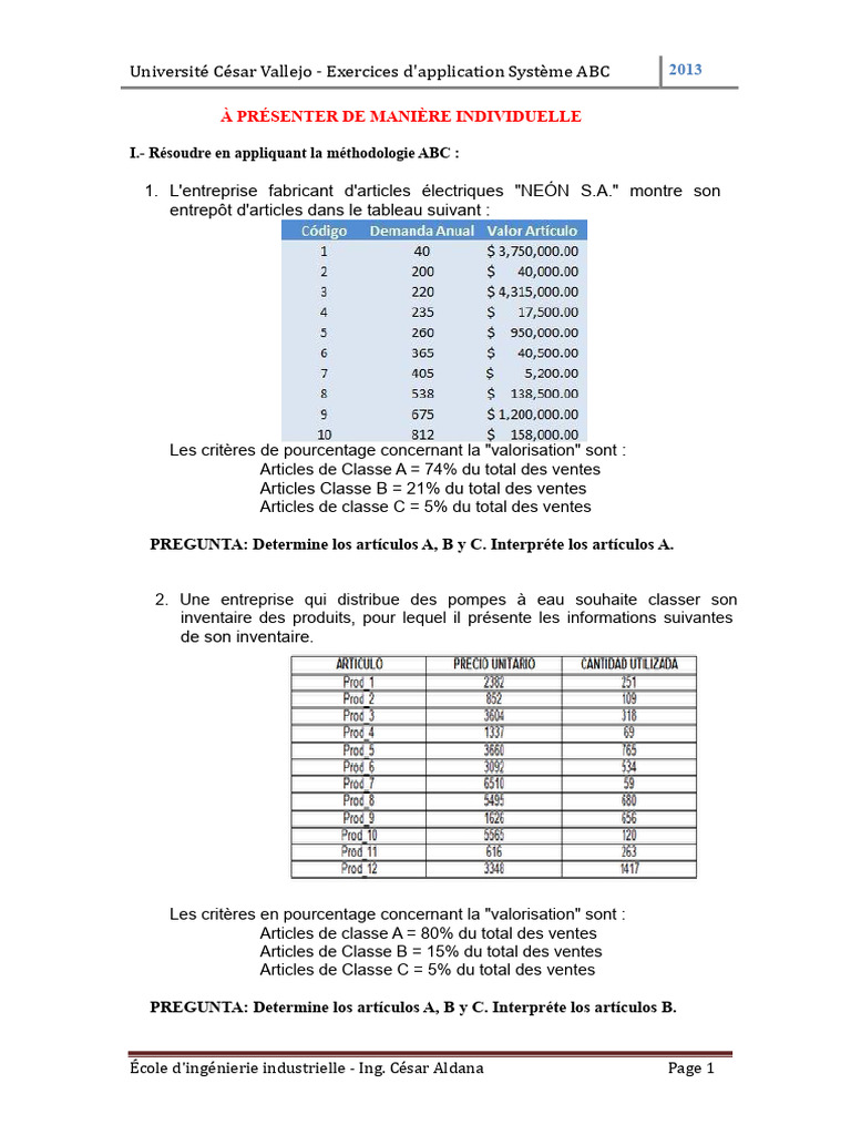 Exercices ABC pour l'inventaire 2013 | PDF