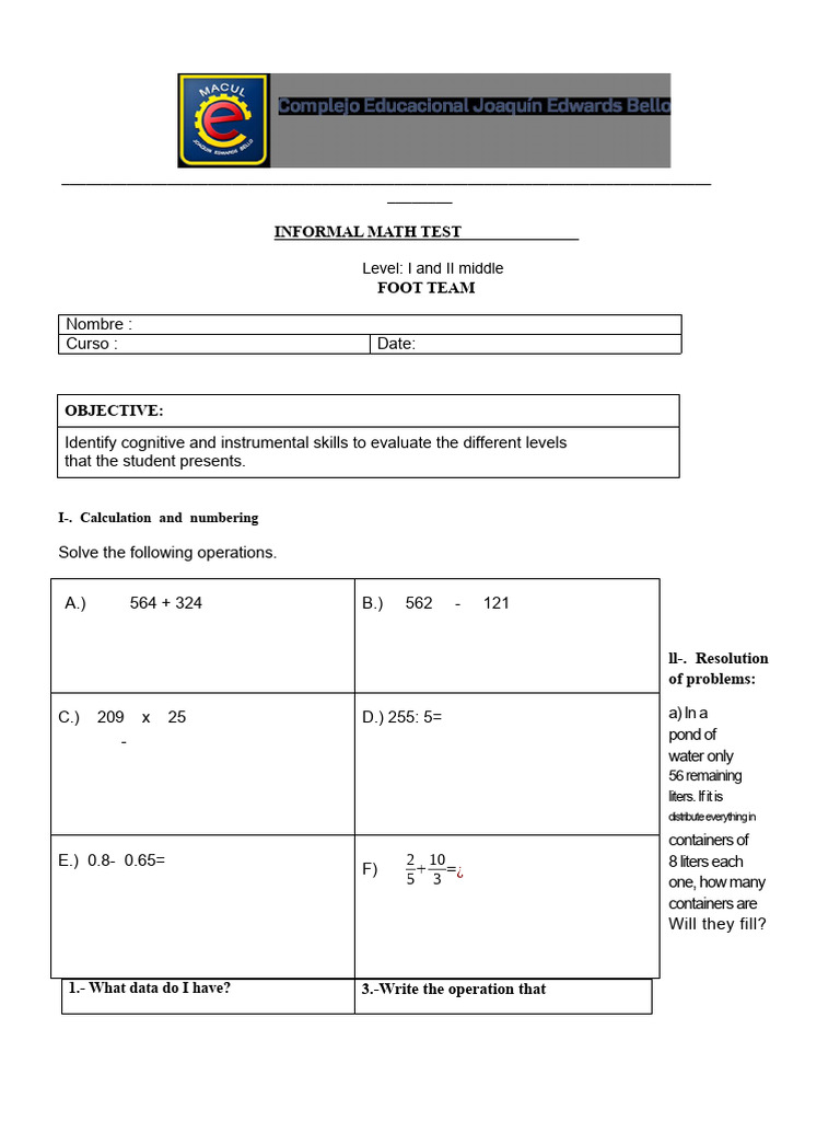 Informal Math Test For 1st and 2nd Year of High School | PDF | Number ...