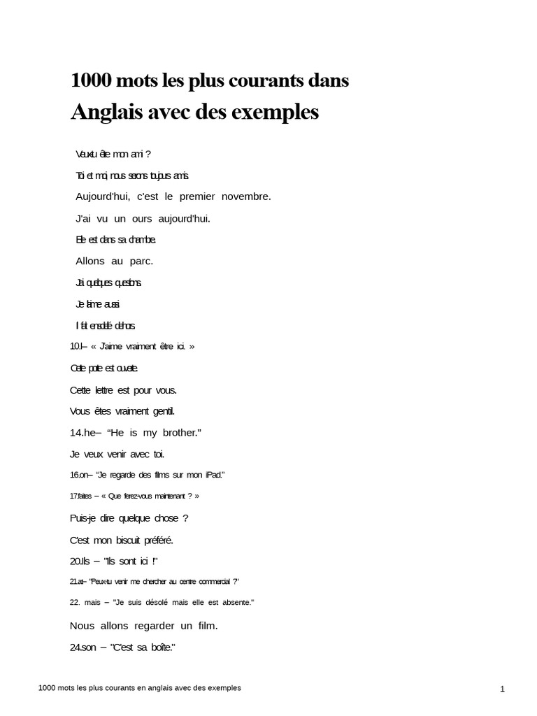 1000 Mots Les Plus Commun en Anglais Avec Des Exemples | PDF