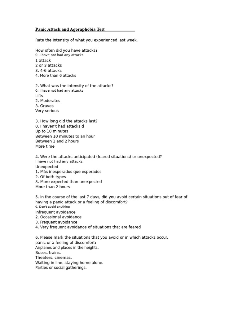 Panic Attack and Agoraphobia Test | PDF | Panic Attack | Agoraphobia