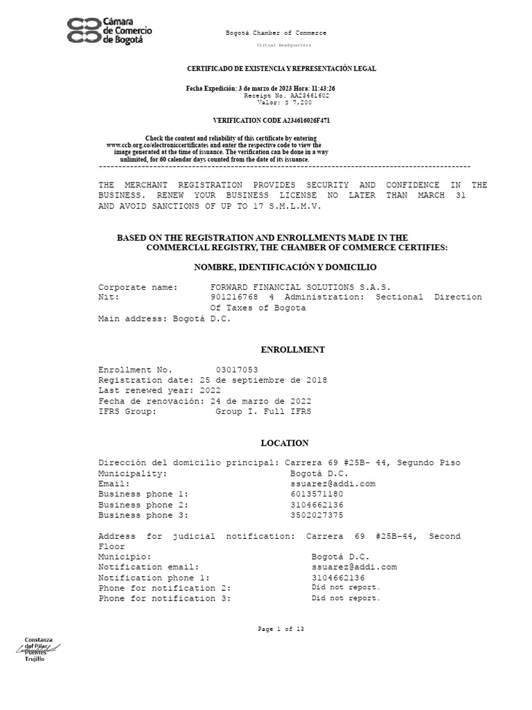 Certificate of Existence and Representation ADDI | PDF | Negotiable ...