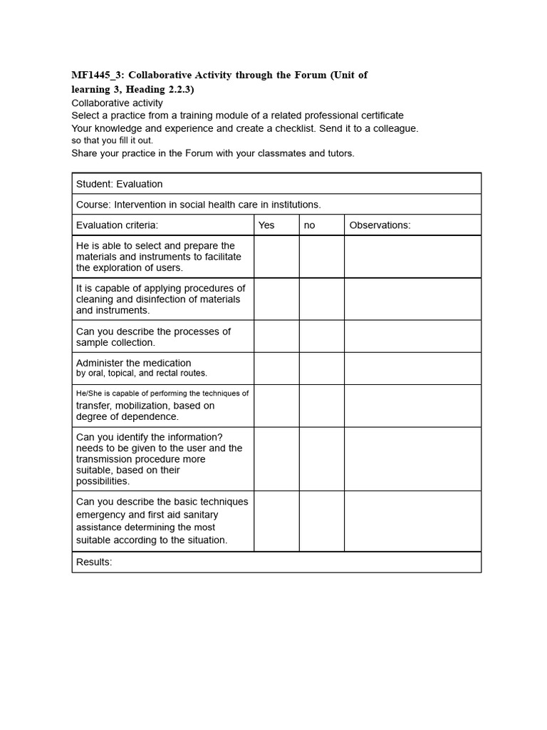 Collaborative Activity Checklist for Health Care | PDF