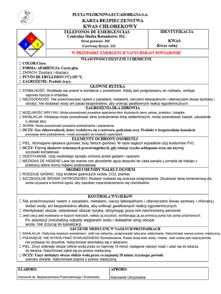 Karta Bezpieczeństwa Kwasu Solnego | PDF