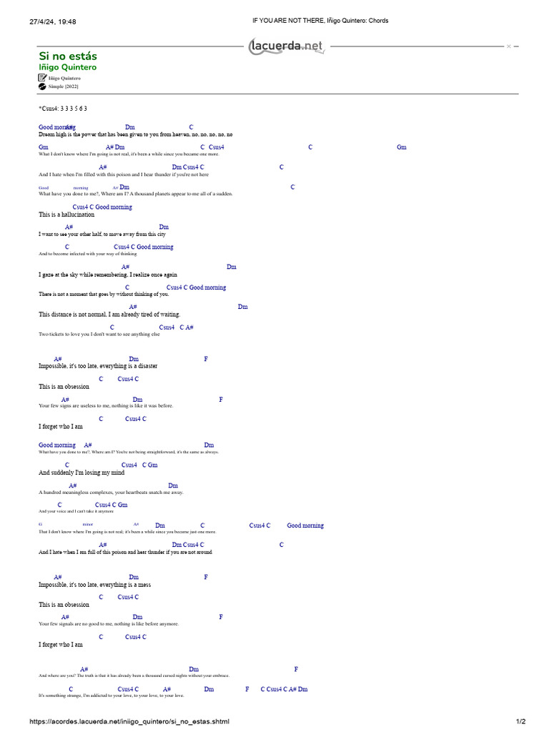 IF YOU'RE NOT HERE, Iñigo Quintero - Lyrics and Chords | PDF