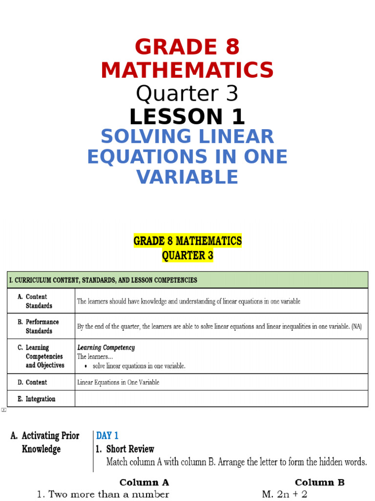 Solving Linear Equations Guide | PDF | Equations | Variable (Mathematics)