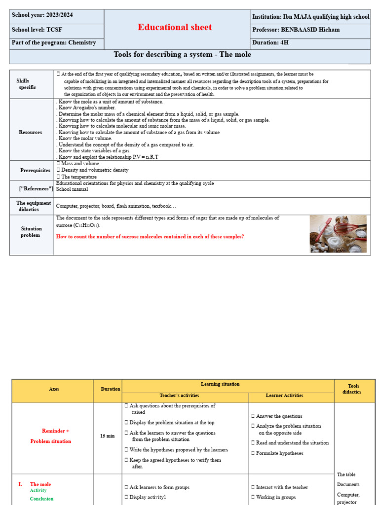 Educational Sheet The Mole | PDF | Mole (Unit) | Gases