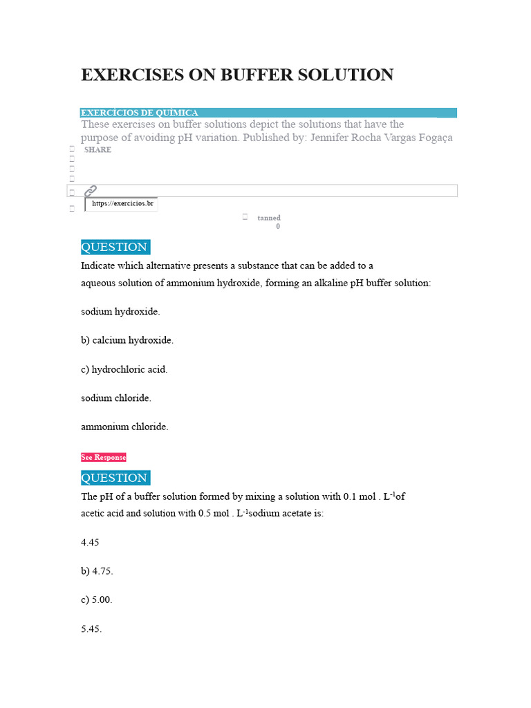 Exercises On Buffer Solution | PDF | Buffer Solution | Acid