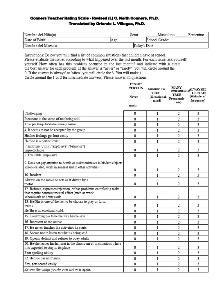 Conners Teacher Rating Scale | PDF | Attention | Cognition