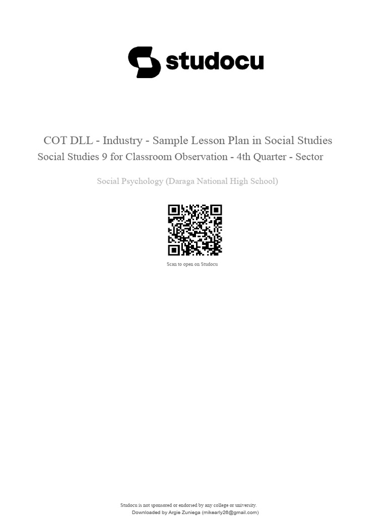 Cot DLL Industry Sample Lesson Plan in Social Studies 9 For Classroom Observation 4th QTR Sector ...
