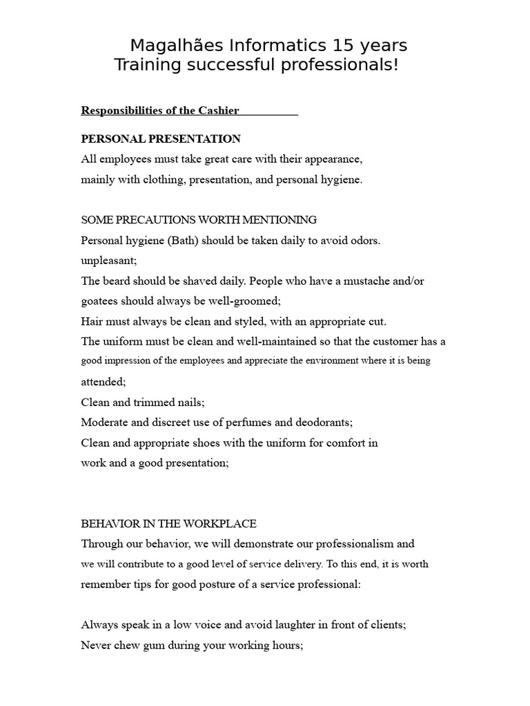 Cashier Professionalism and Responsibilities | PDF