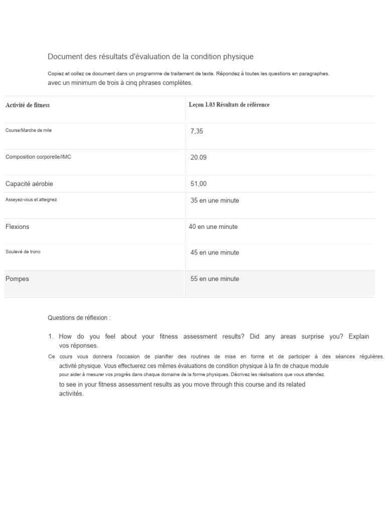Évaluation de la condition physique : résultats et réflexions | PDF