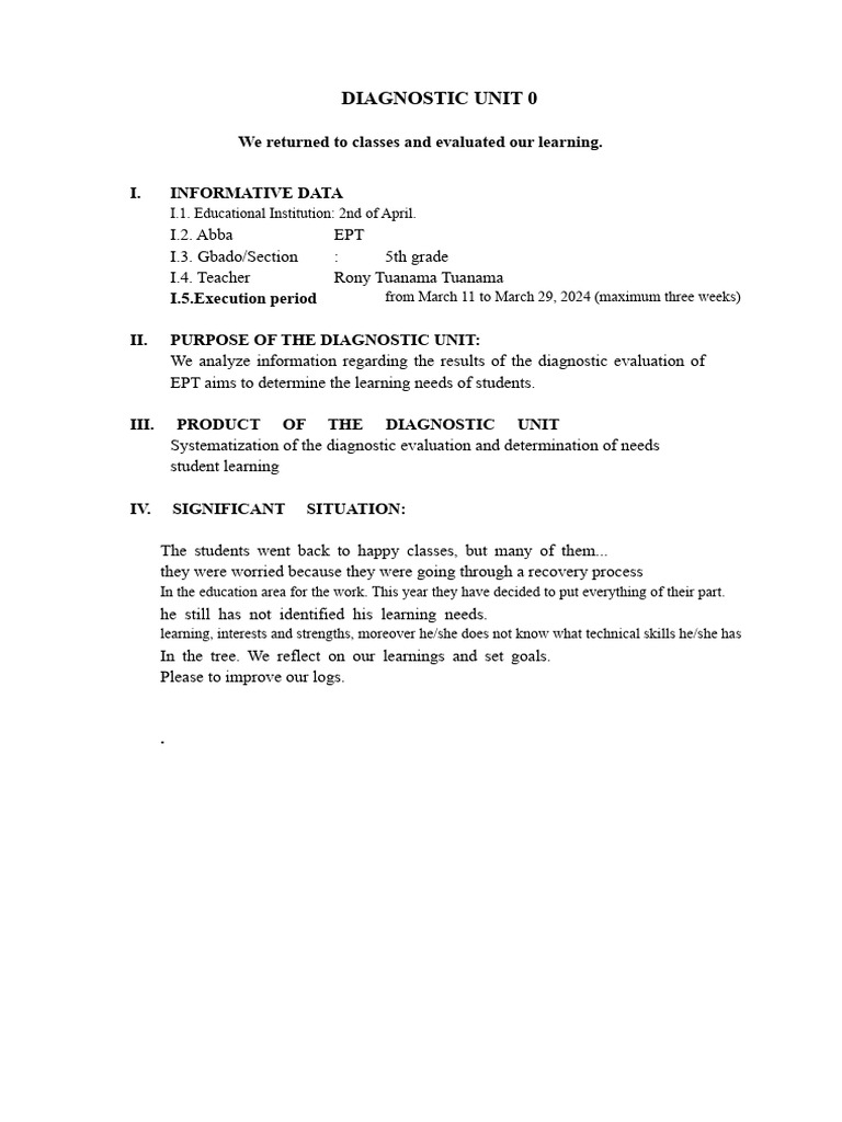 UNIT - ZERO-ept Rony 5th Grade | PDF | Evaluation | Learning