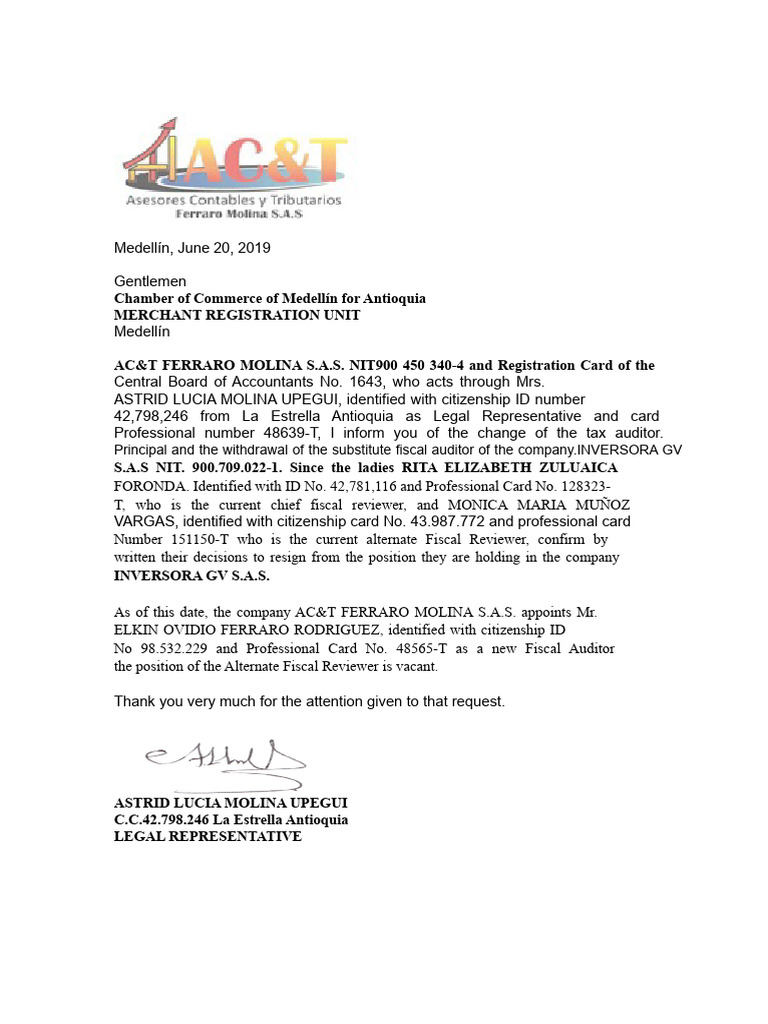 Letter of Change For The Fiscal Auditor | PDF