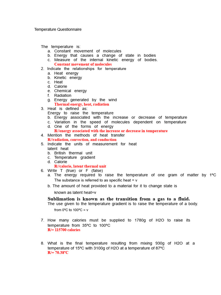 Questionnaire About Temperature | PDF | Temperature | Heat