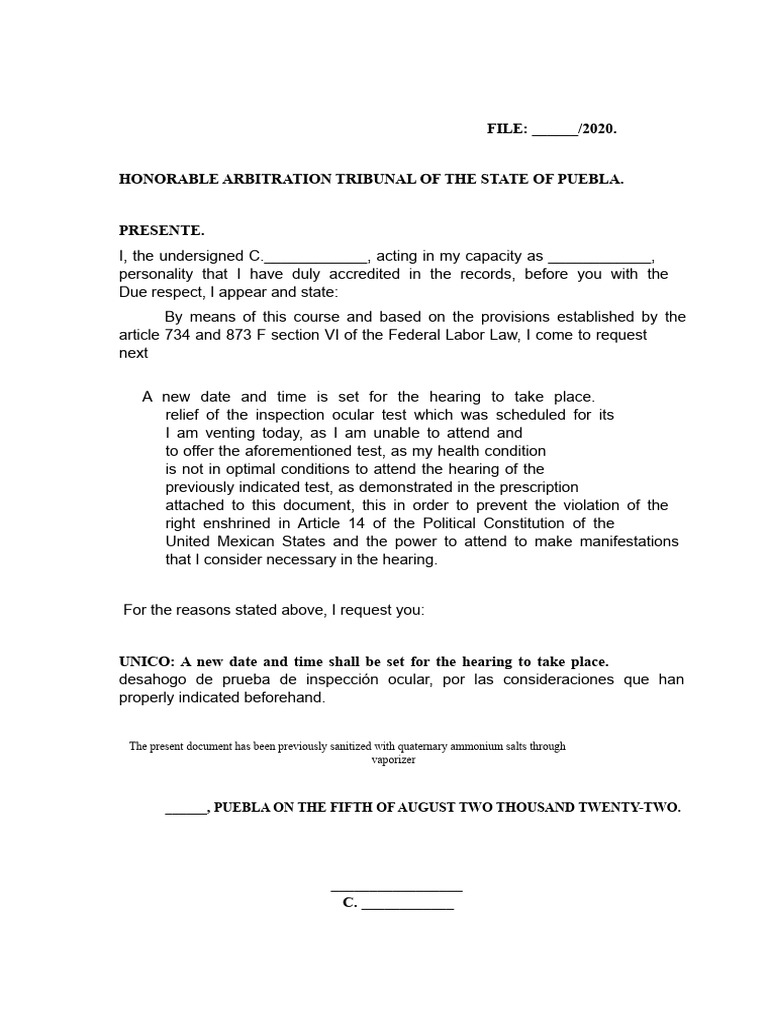 Written Requesting A New Date and Time To Appear at Labor Hearing in ...