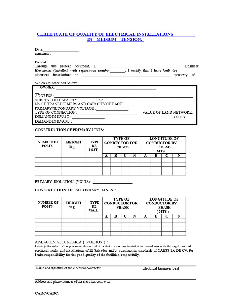 Electrical Installation Certificate | PDF | Electrical Wiring | Transformer