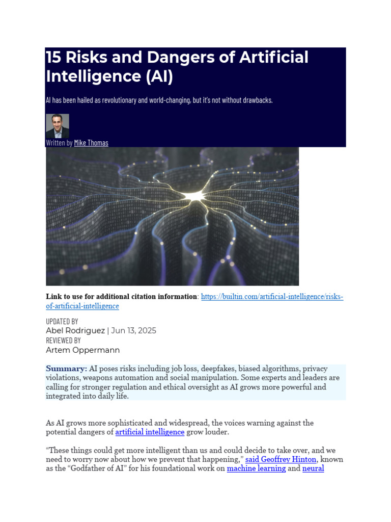15 Dangers of Artificial Intelligence | PDF | Artificial Intelligence ...