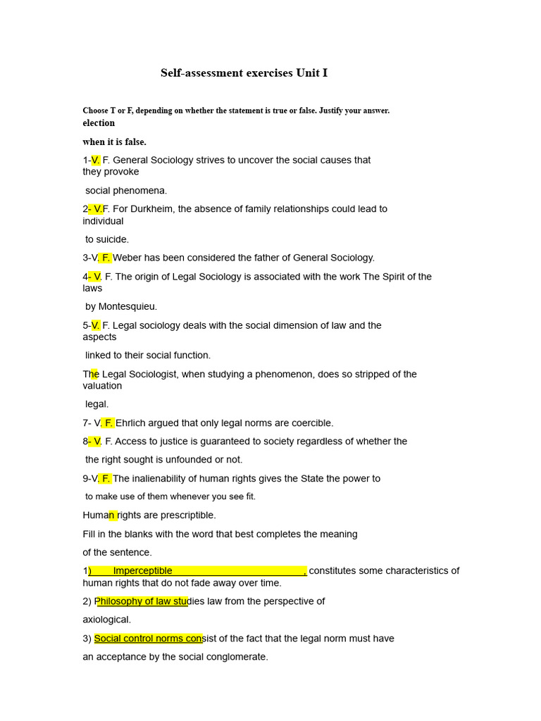 Self-assessment exercises Unit I | PDF