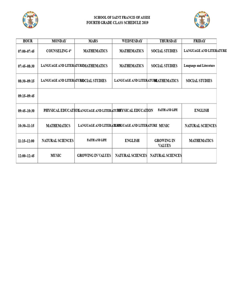 Fourth Grade Class Schedule 2019 | PDF