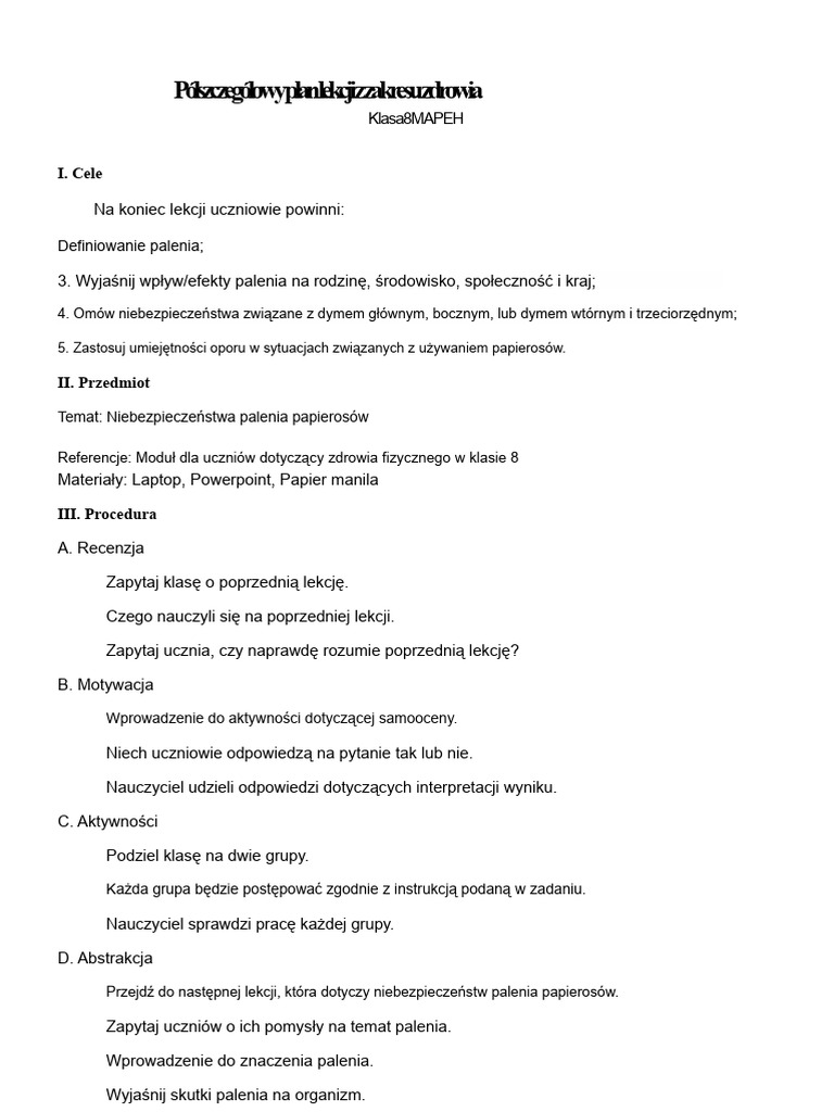 Plan Lekcji W Zdrowiu | PDF