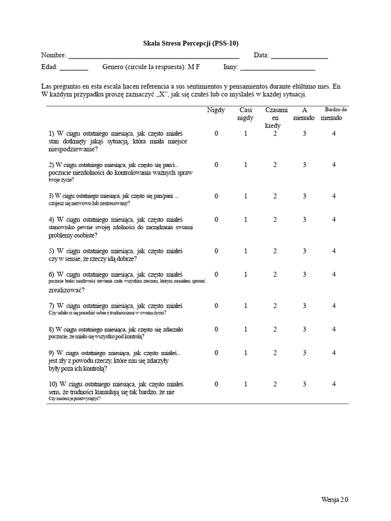 Skala Stresu Percepowanego (PSS-10) | PDF