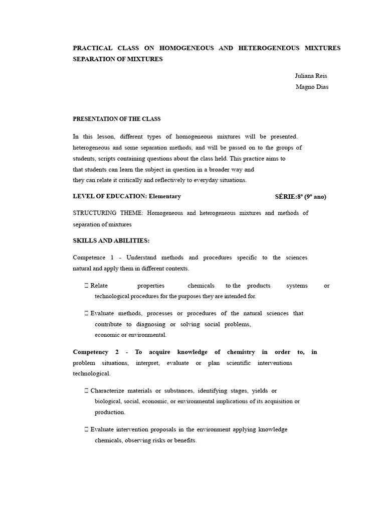 Practical Lesson Plan On Homogeneous and Heterogeneous Mixtures and Separation of Mixtures | PDF ...