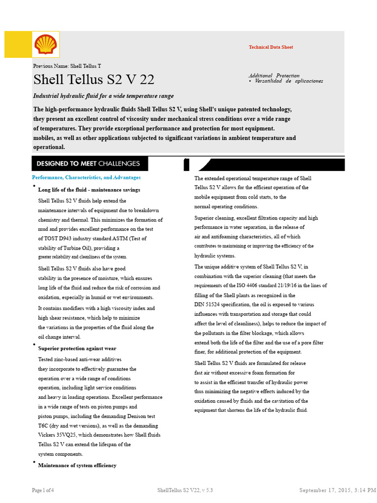 Shell Tellus S2 V 22 Hydraulic Fluid | PDF | Viscosity | Motor Oil