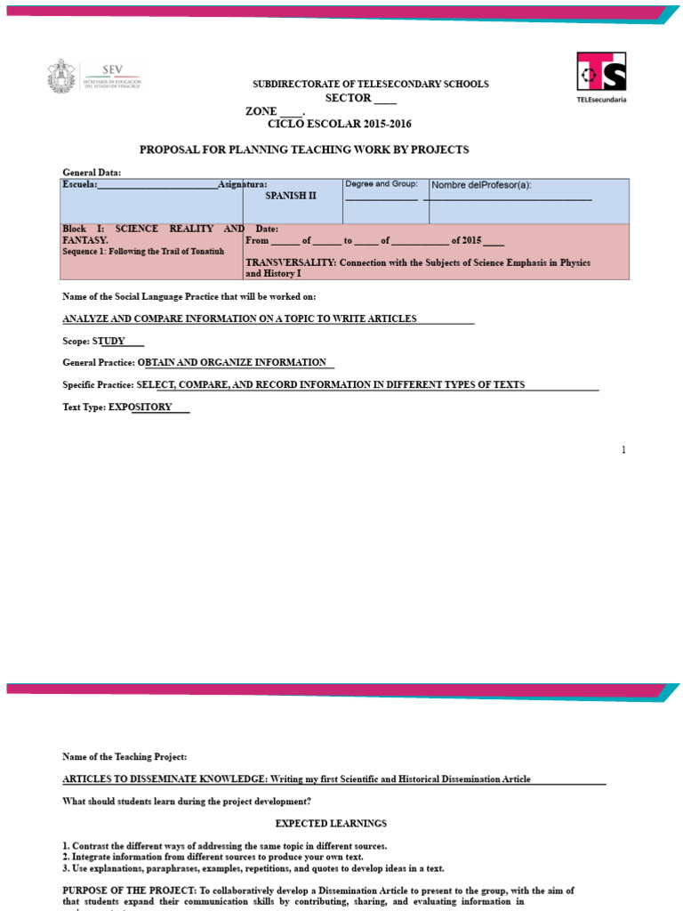 Teaching Planning Proposal (Spanish 2nd Grade) Tele-Secondary Version 1 ...