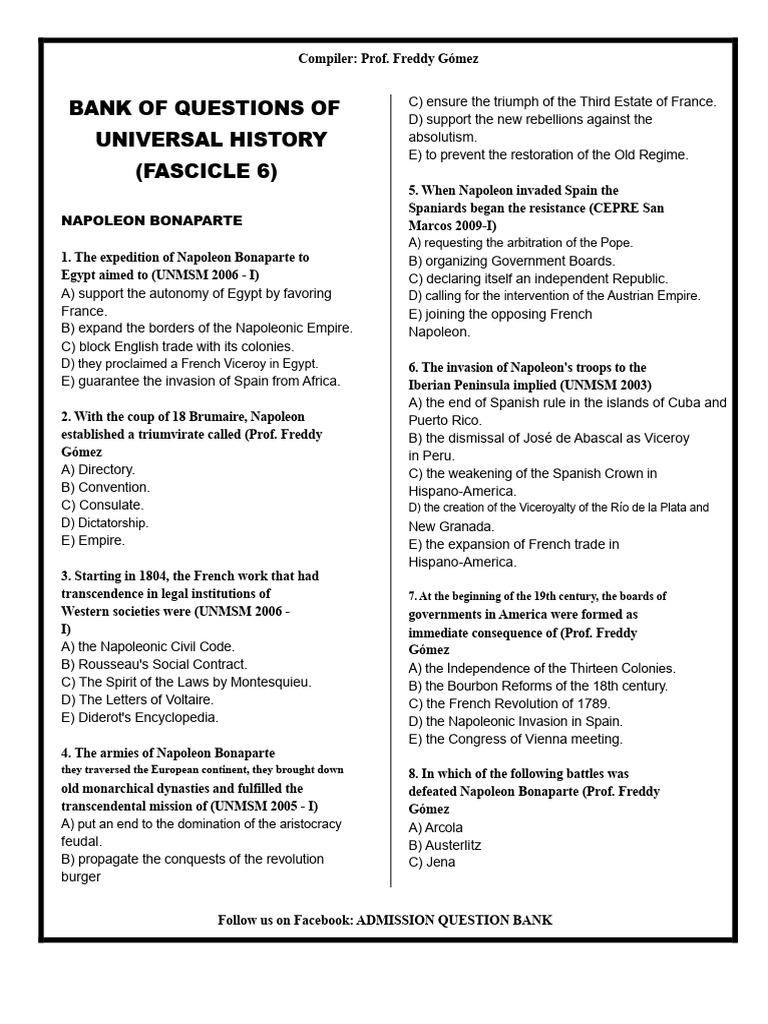 Universal History Question Bank-6 | PDF | Napoleon | First French Empire