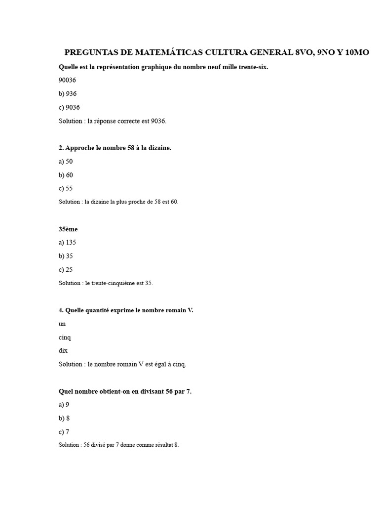 Questions de Mathématiques Culture Générale 8e, 9e Et 10e | PDF ...