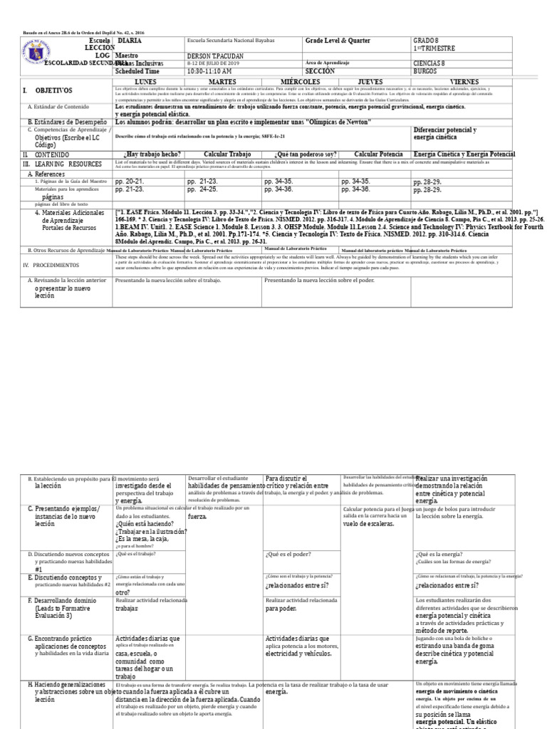 Plan de Lecciones de Ciencias 8 | PDF | Energía potencial | Plan de ...