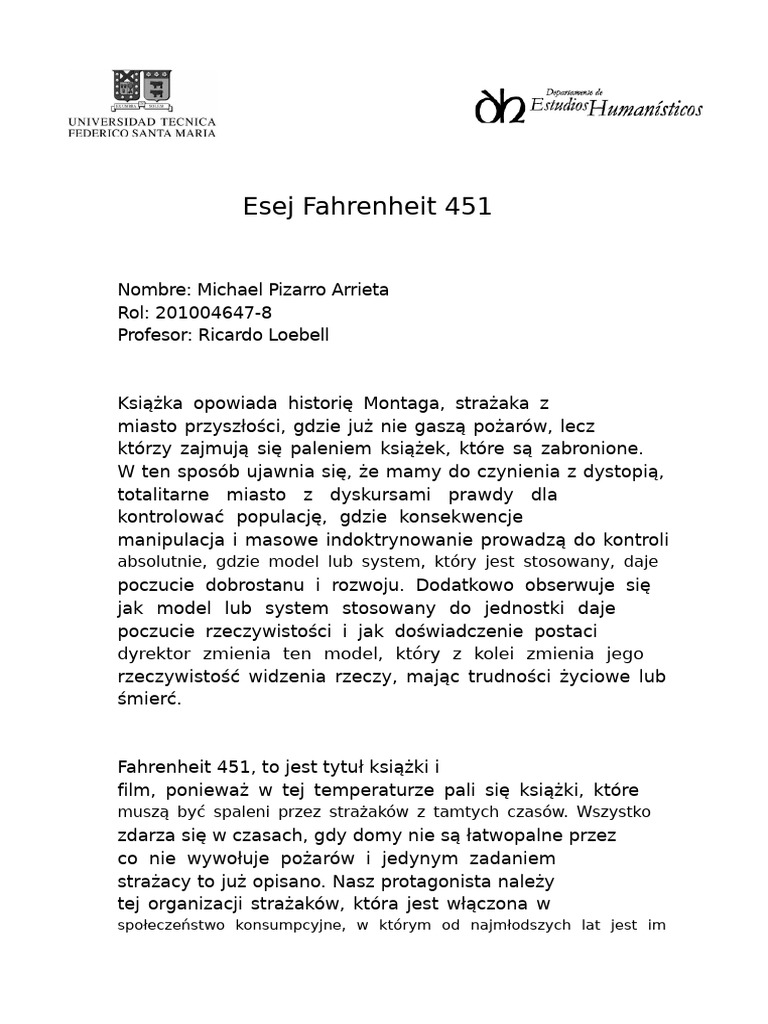 Esej Fahrenheit 451 | PDF