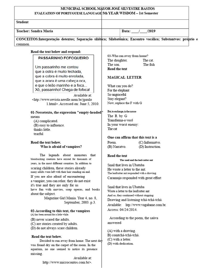 Portuguese Language Assessment 5TH Grade 1ST Bimester | PDF