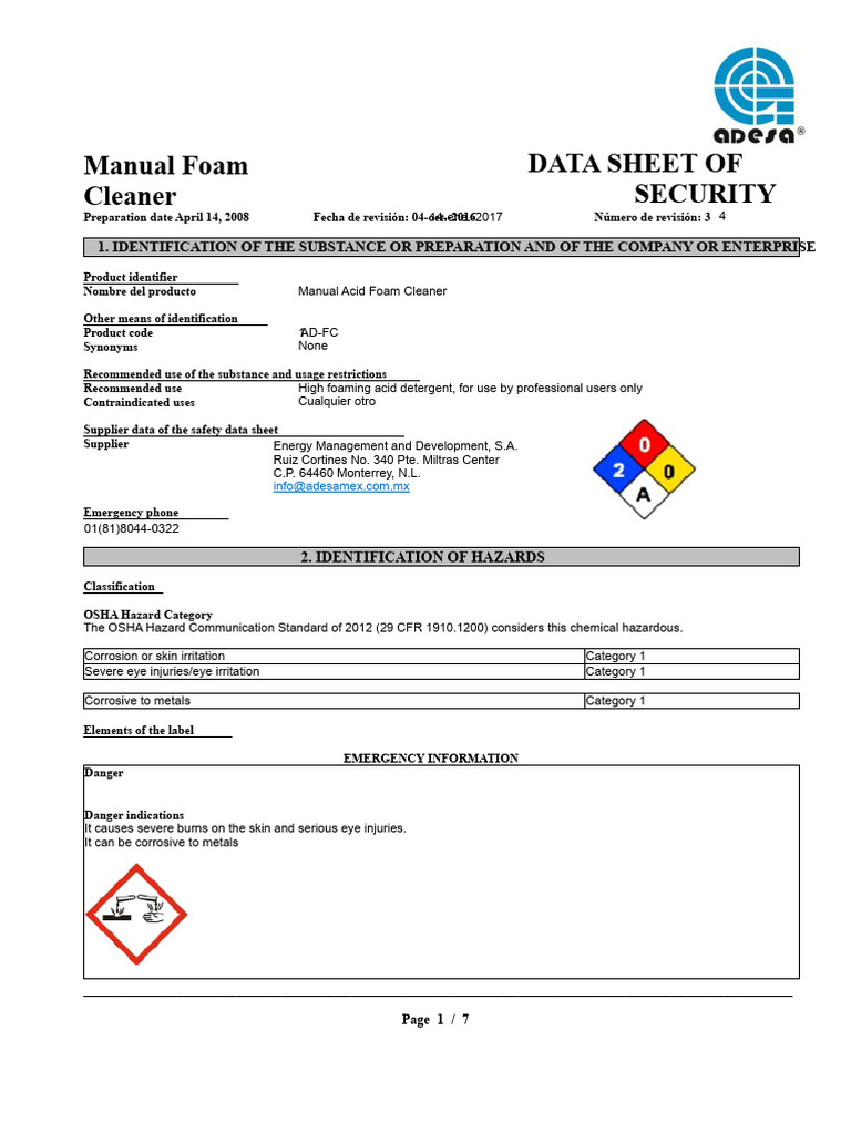 Manual Acid Foam Cleaner Safety Data Sheet | PDF | Occupational Safety ...