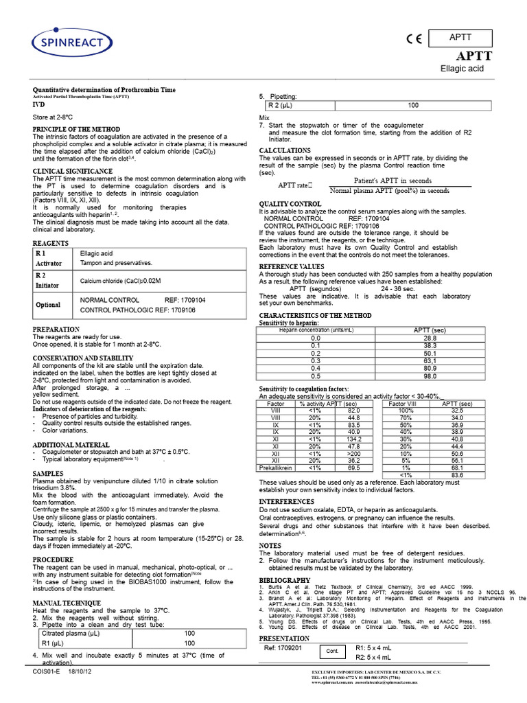 APTT SPINREACT | PDF | Coagulation | Blood Plasma