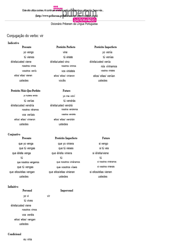 Conjugación Del Verbo Venir | PDF | Morfología Lingüística | Tipología ...