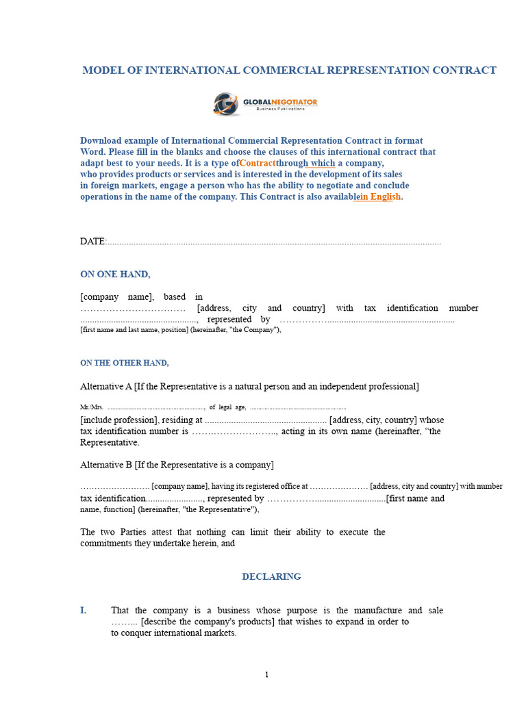 International Commercial Representation Contract Template Example | PDF