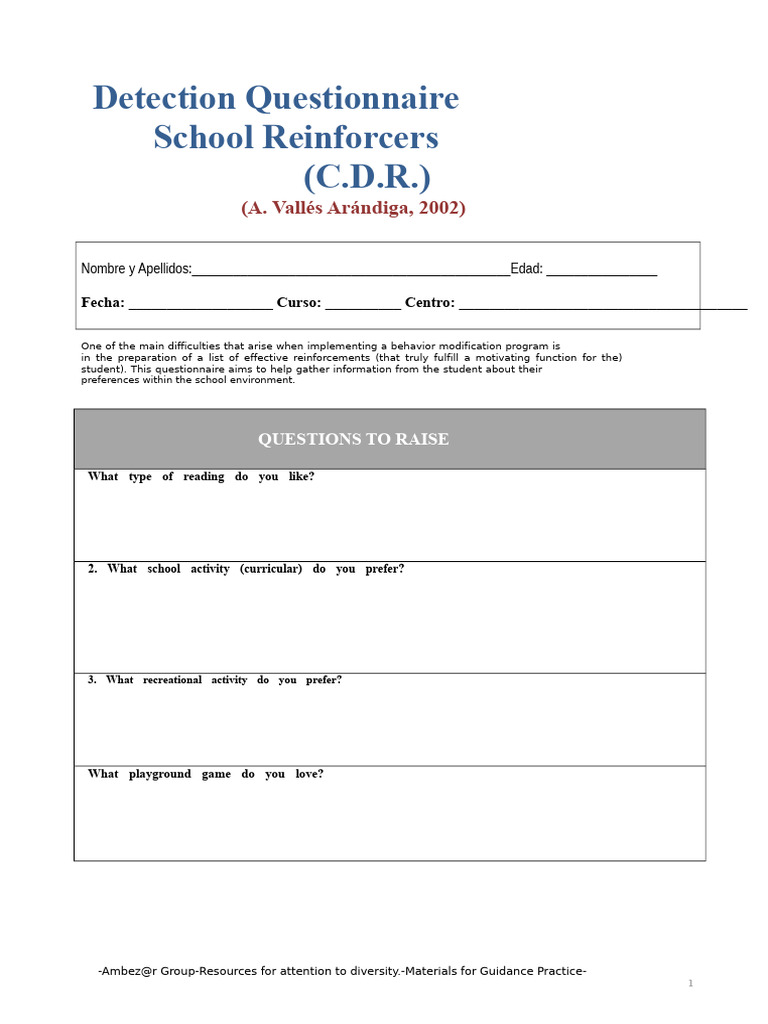 School Reinforcer Detection Questionnaire (SRDQ) | PDF | Reinforcement ...