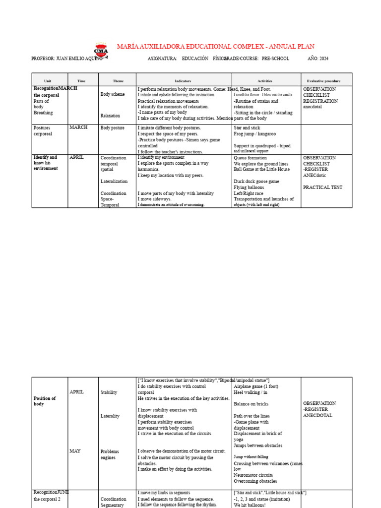 Annual Physical Education Plan - PRESCHOOL | PDF | Perception | Neuroscience
