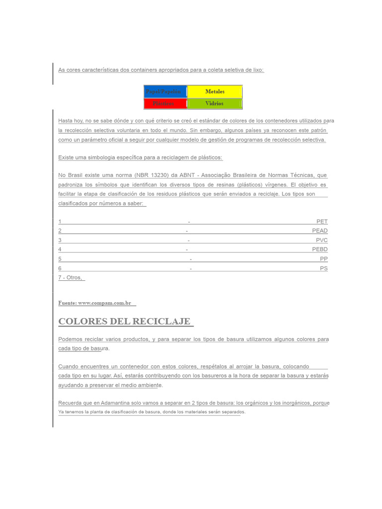 Código de Colores para Reciclaje | PDF | Residuos | Reciclaje