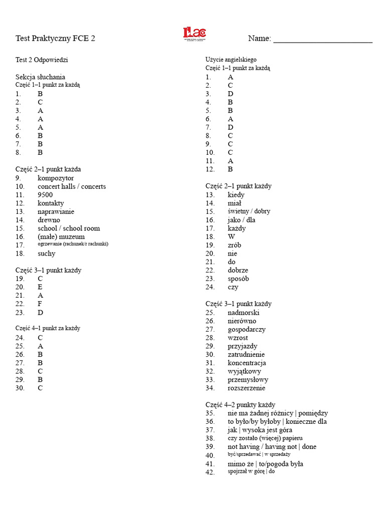 Klucz Odpowiedzi Do Testu Praktycznego FCE 2 | PDF