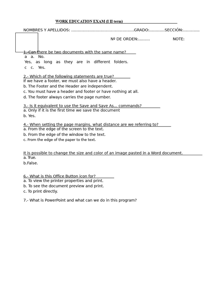 Work Education Exam. 3rd Grade | PDF