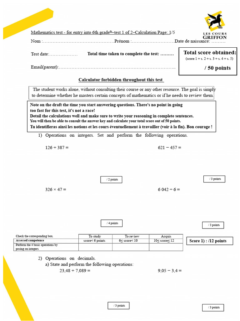 Griffon Course - Math Test - Entry Into 6th Grade - Calculation | PDF ...