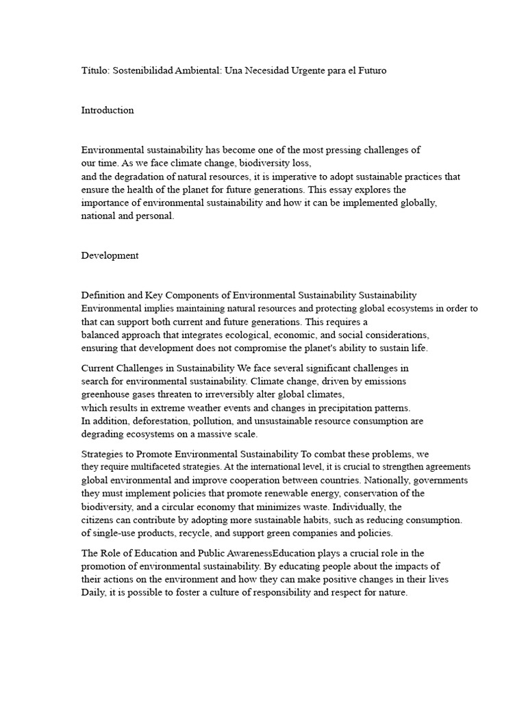 Environmental Sustainability Essay | PDF | Sustainability | Climate Change
