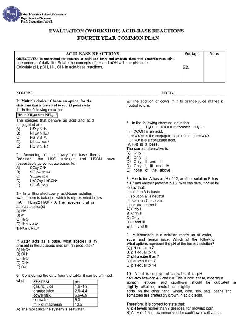 Assessment Unit 1 Coef 2 Acids and Bases 4th Year | PDF | Ph | Acid