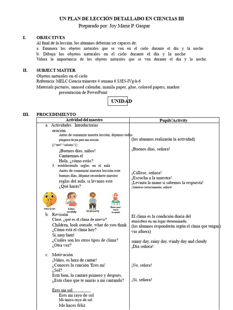 Plan de Lección sobre Objetos en el Cielo | PDF | Cielo | Astronomía