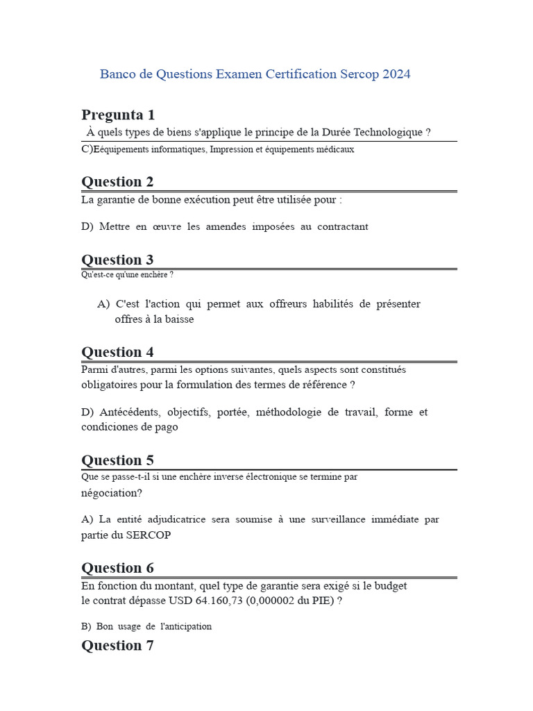 Questions Examen Certification Sercop 2024 | PDF | Enchère