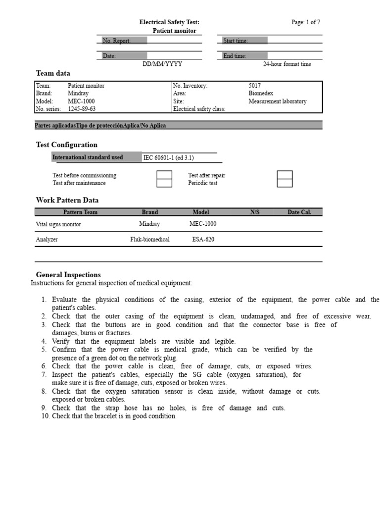 Electrical Safety Test 60601 - Vital Signs Monitor Mindray MEC-1000 ...