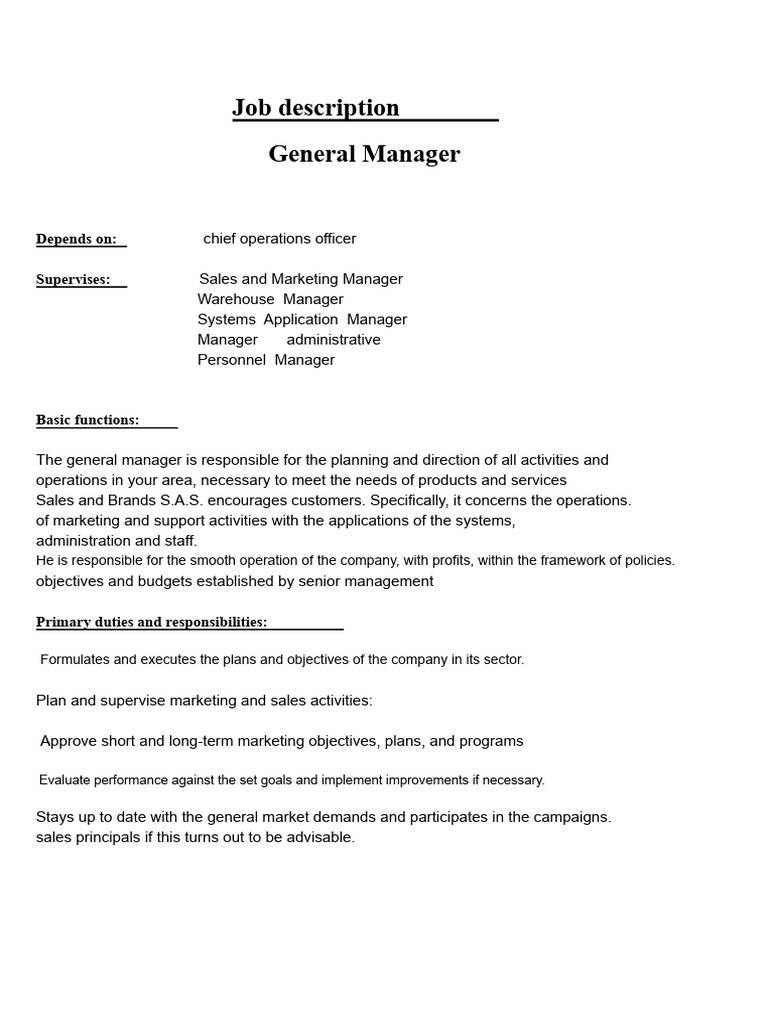 General Manager Job Description Overview | PDF | Sales | Marketing