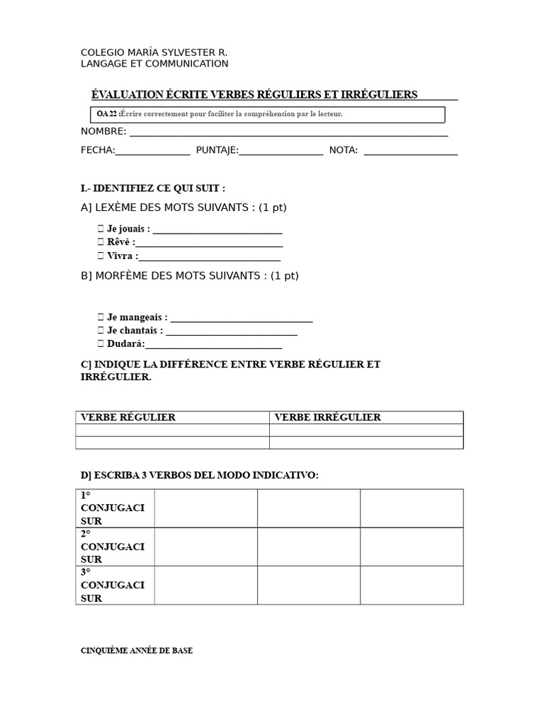 Évaluation des verbes en français et espagnol | PDF